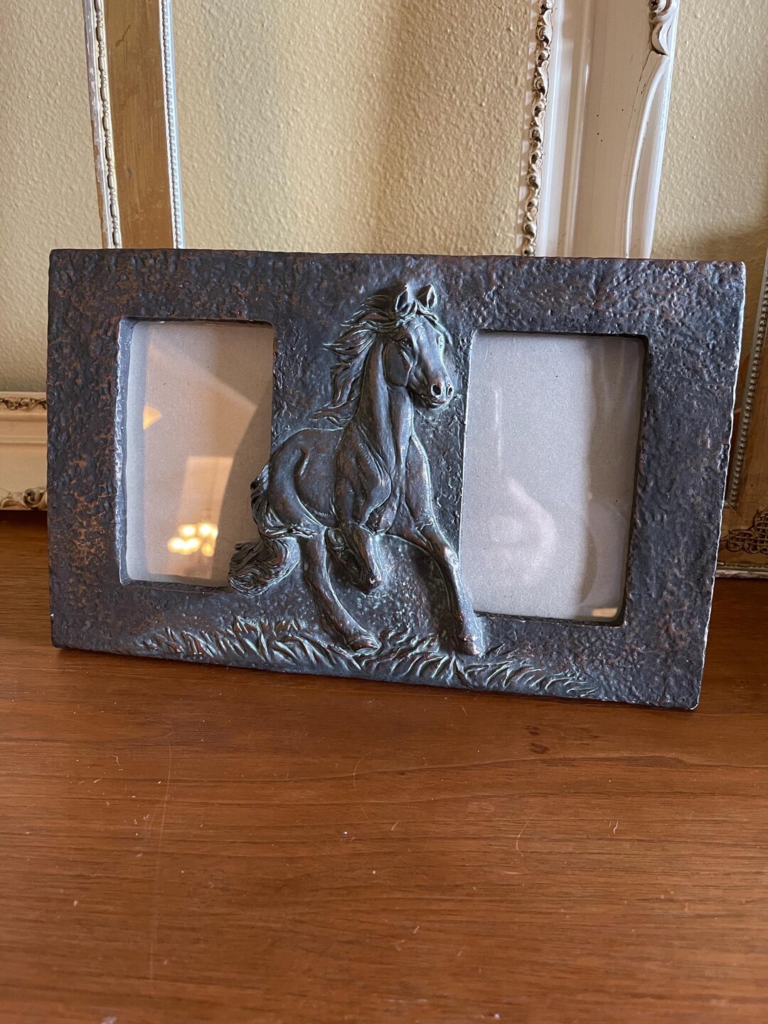 Vintage 1999 Double Picture Frame Frameology 3D Horse Faux Aged Copper ...