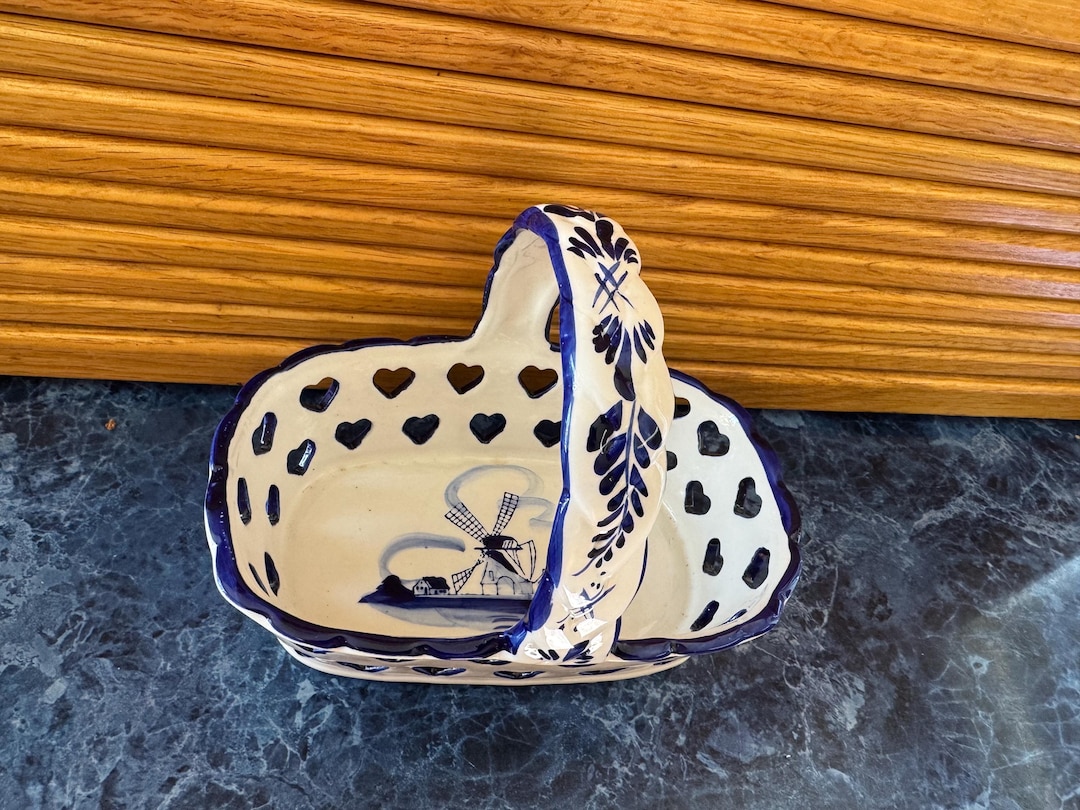 Vintage Delft Blue Pierced Heart Ceramic Basket - Etsy