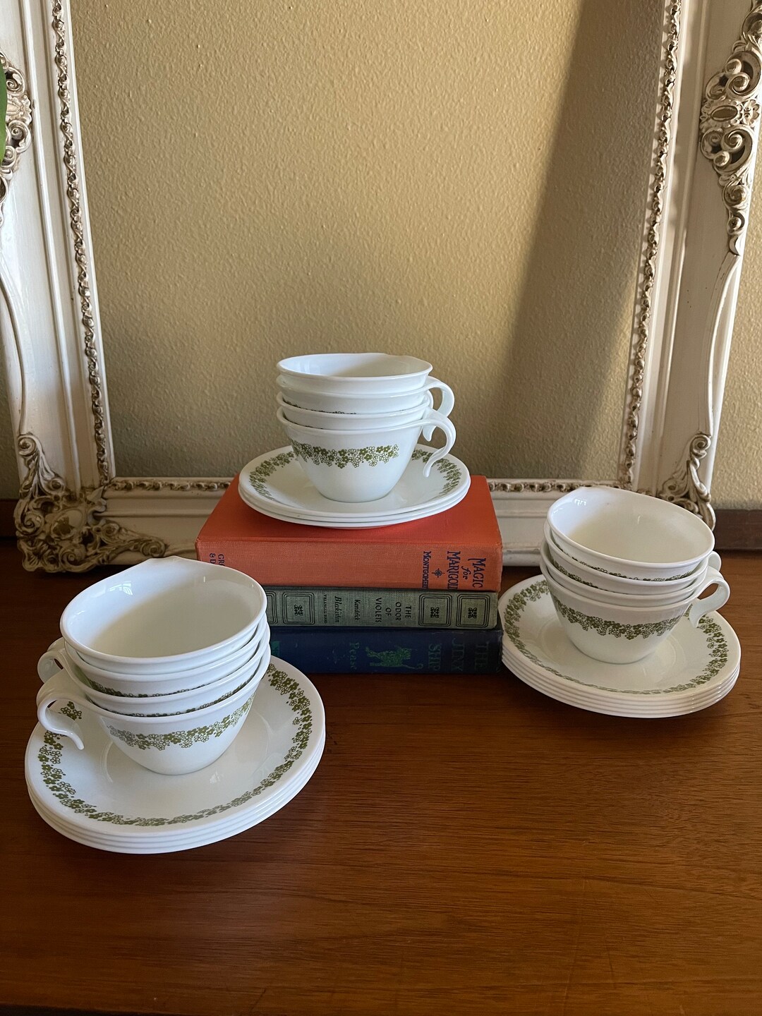 Vintage Corelle Green Crazy Daisy Tea Cup Set, 24 Pieces, Made in USA ...