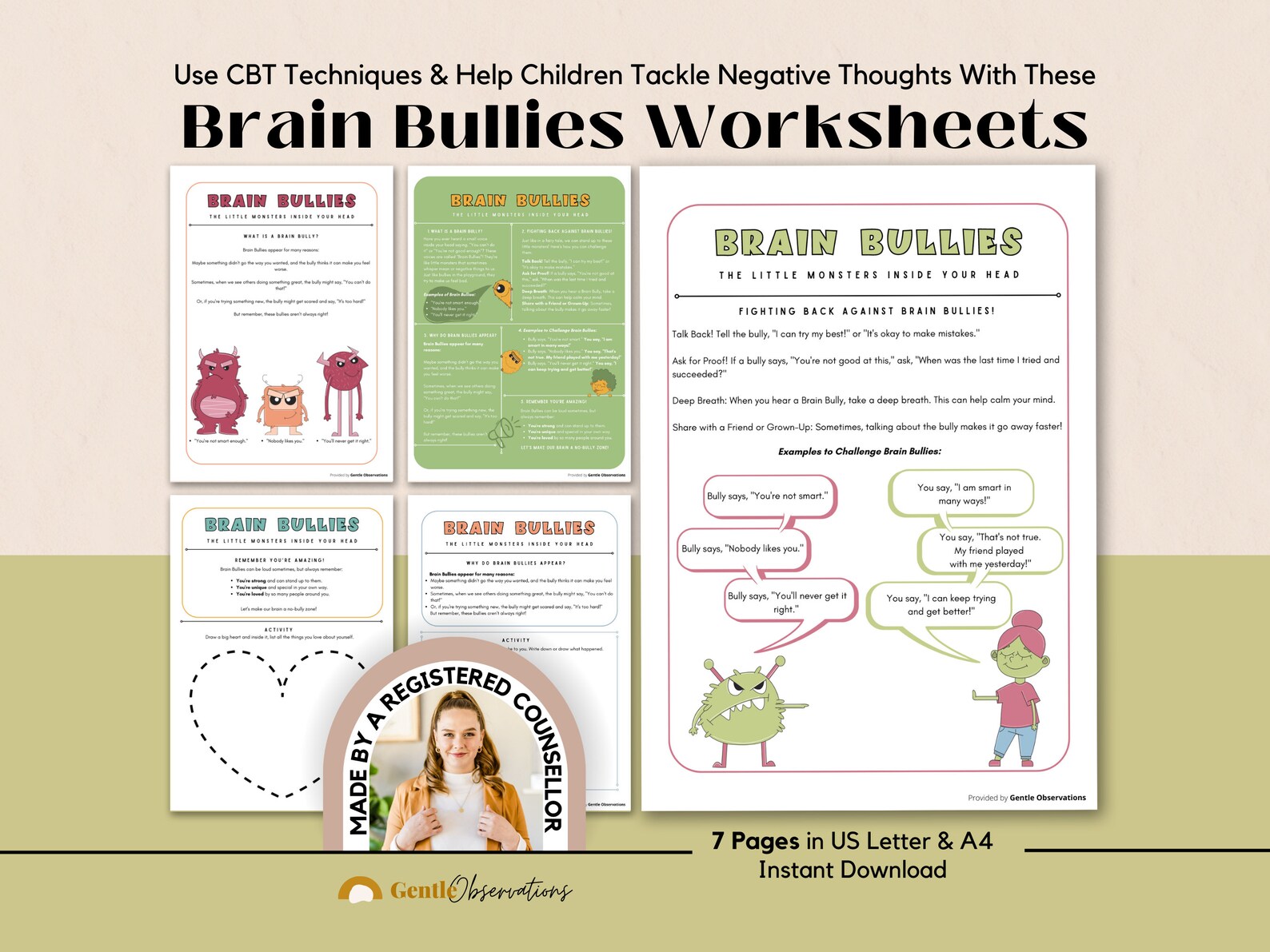 Brain Bullies CBT Worksheets for Kids, Automatic Negative Thoughts ...