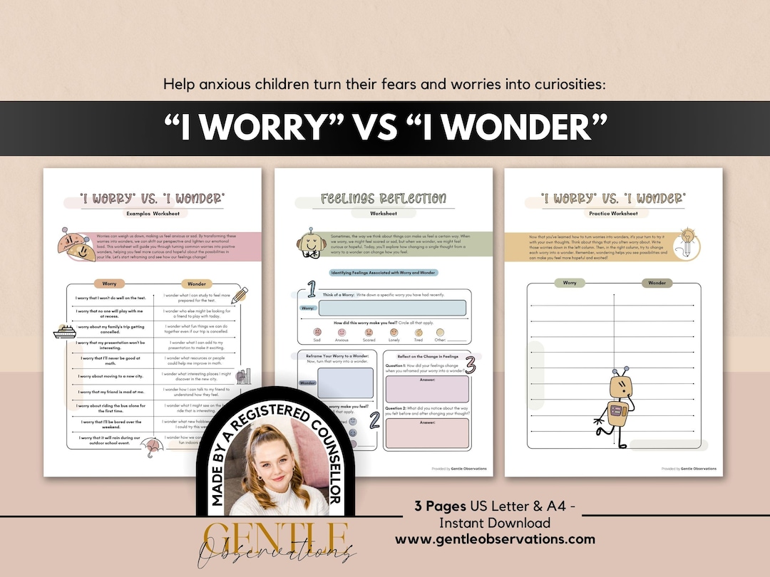 I Wonder Vs I Worry: Anxiety Worksheets for Kids, CBT Worksheets for ...