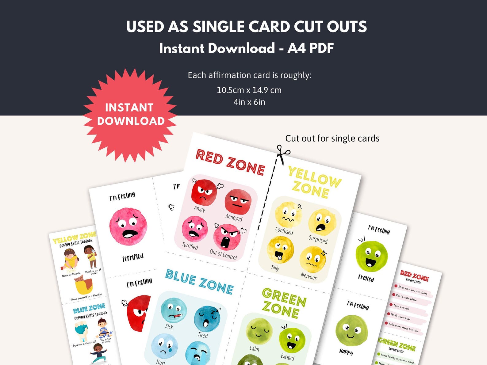 Zones of Self-regulation Coping Skills Cards, Feelings Charts, School ...