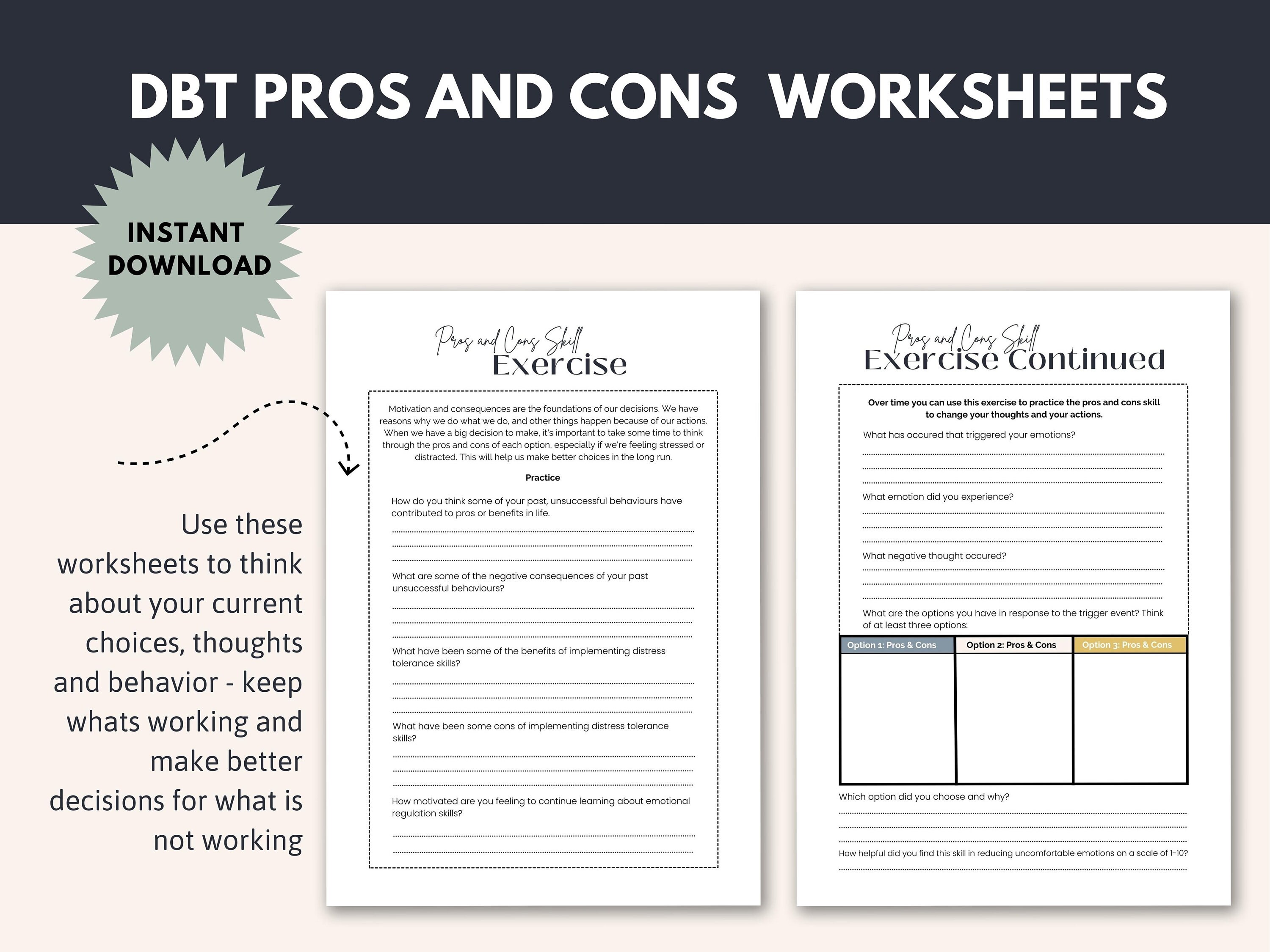 DBT Cost-benefit Analysis, DBT Pros and Cons Skill Worksheets, Distress ...