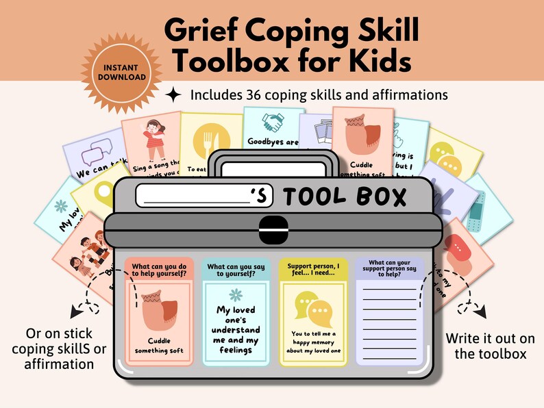 Grief and Loss Toolbox for Kids Grief Coping Skill Cards, Grief Prompts ...