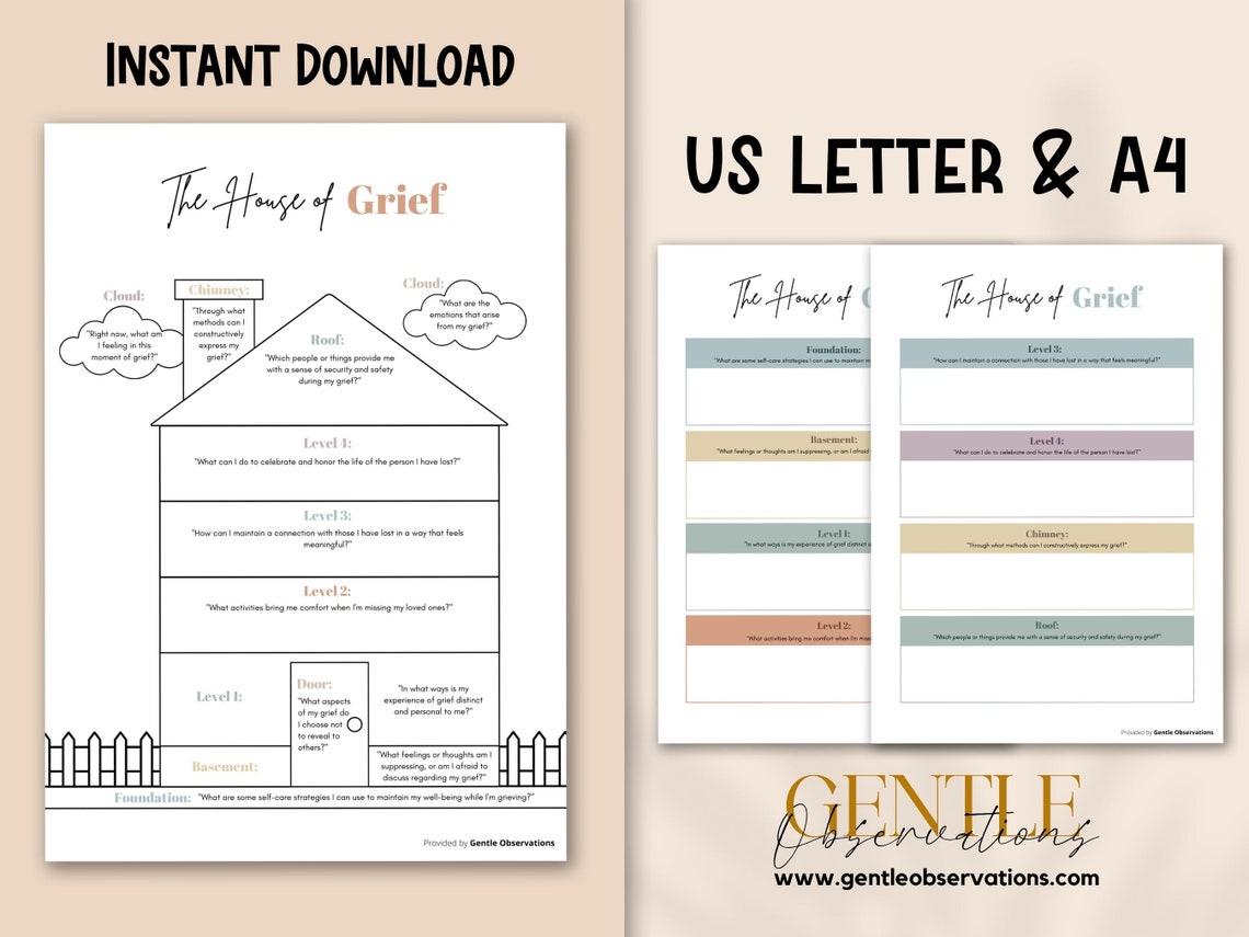 House of Grief Therapy Worksheets for Teens & Adults, Grief and Loss ...