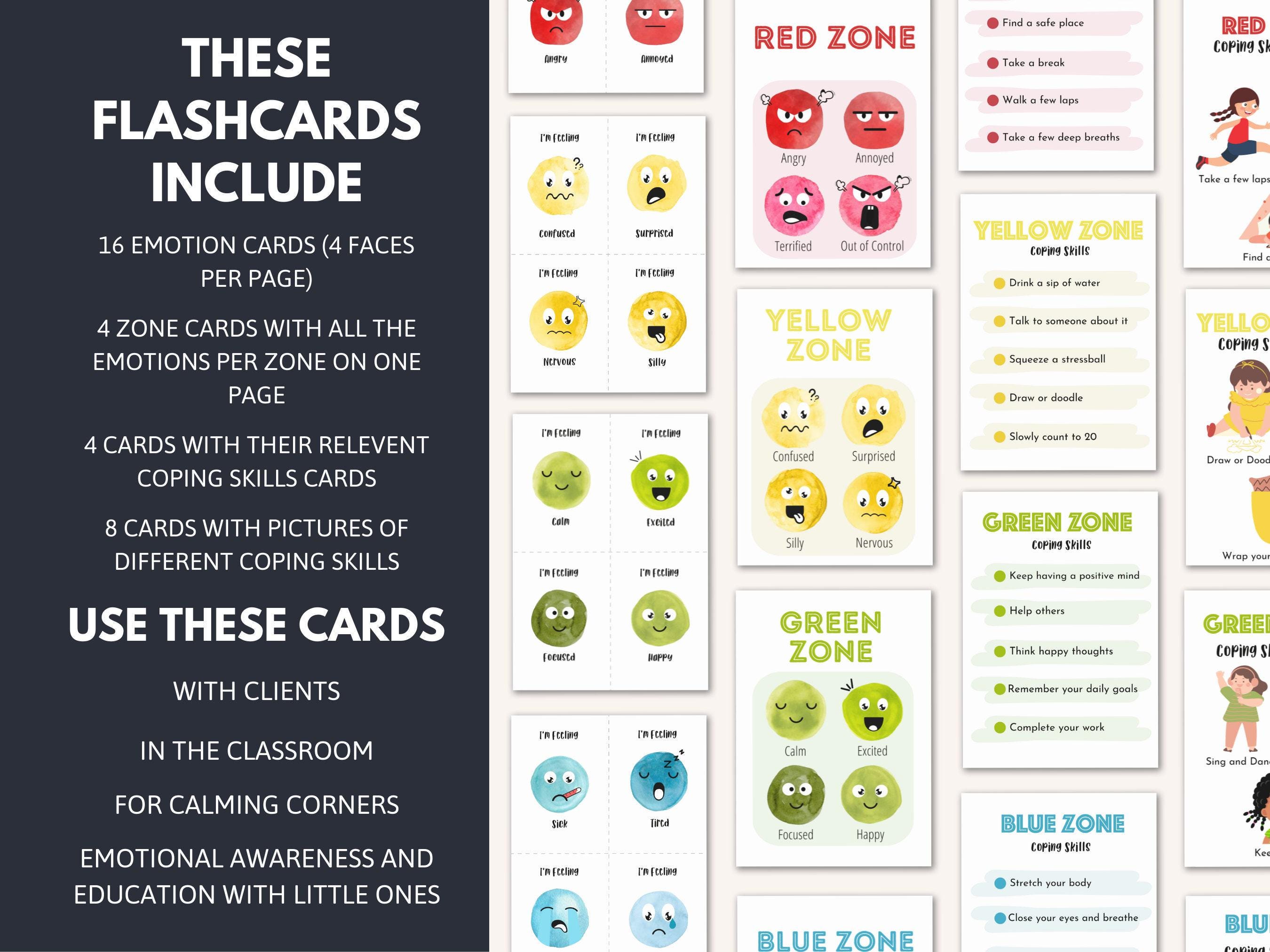 Zones of Self-regulation Coping Skills Cards, Feelings Charts, School ...