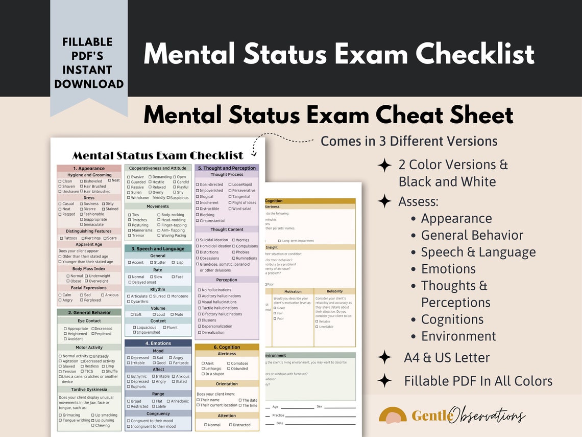 Mental Status Exam MSE Cheat Sheet Fillable Therapy Forms - Etsy