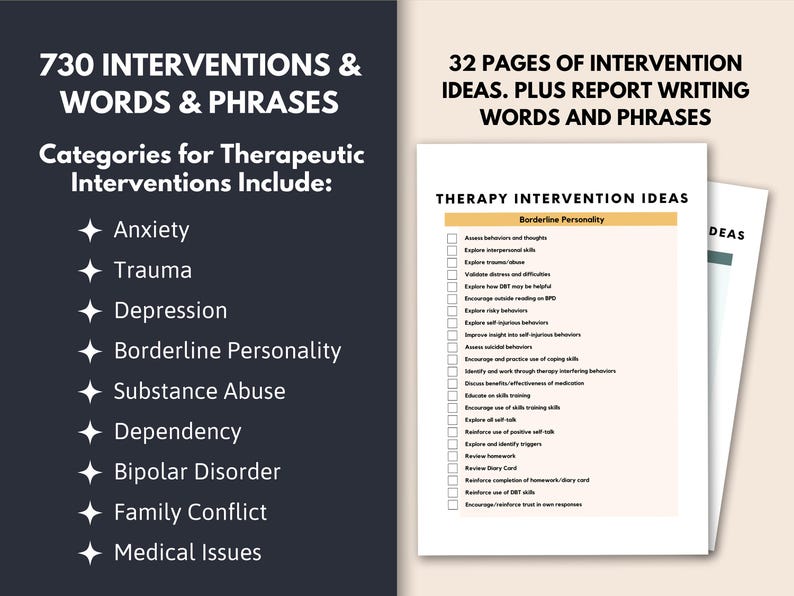 730 Therapy Intervention List, Words and Phrases Therapy Verbiage for ...