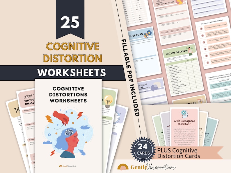 Cognitive Distortion Worksheets, Thinking Errors Flashcards, Unhelpful ...