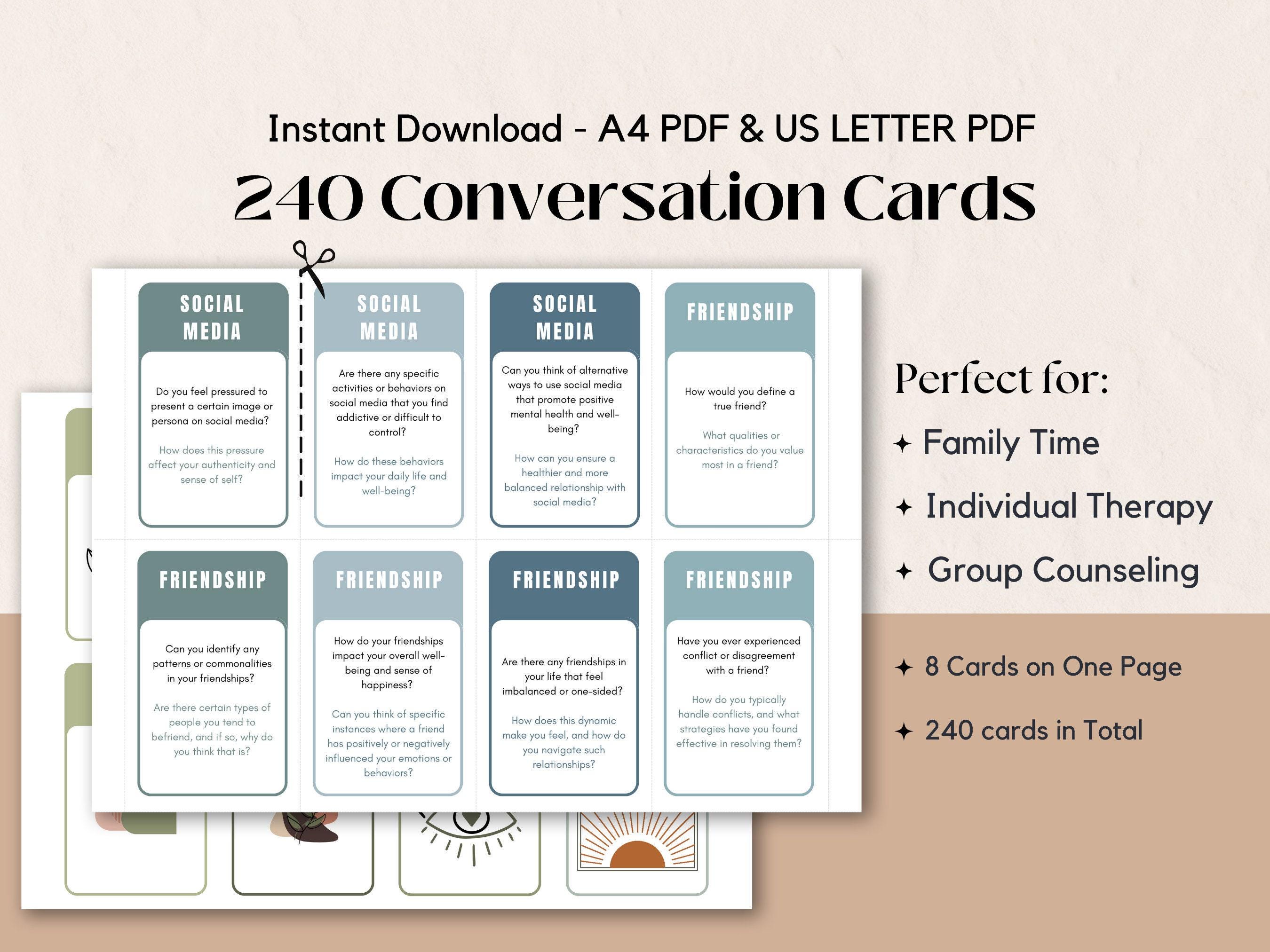 240 Teen Conversation Cards for Counseling Teens, Family Therapy, Teen ...
