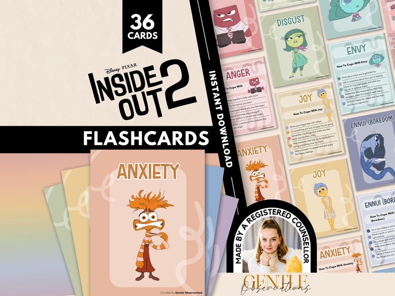 Inside Out 2 Coping Skill Therapy Flashcards for Kids, Emotional ...