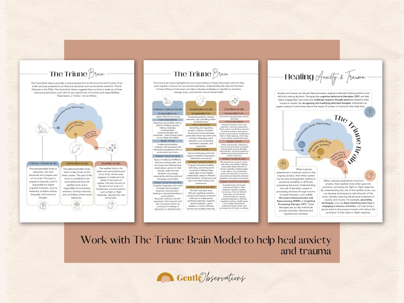 The Triune Brain Model for Healing Anxiety & Trauma Therapy Worksheets ...