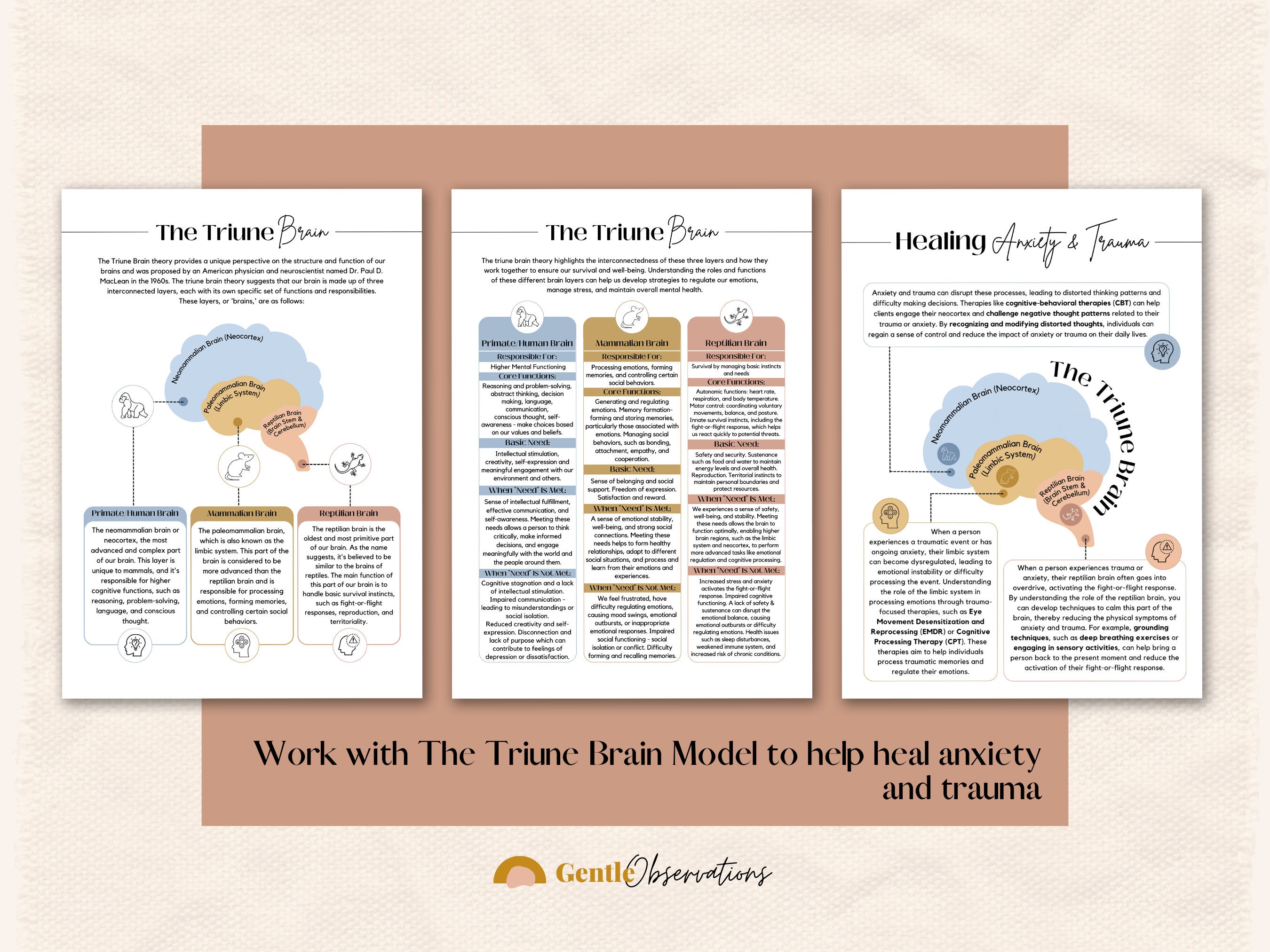 The Triune Brain Model for Healing Anxiety & Trauma Therapy Worksheets ...