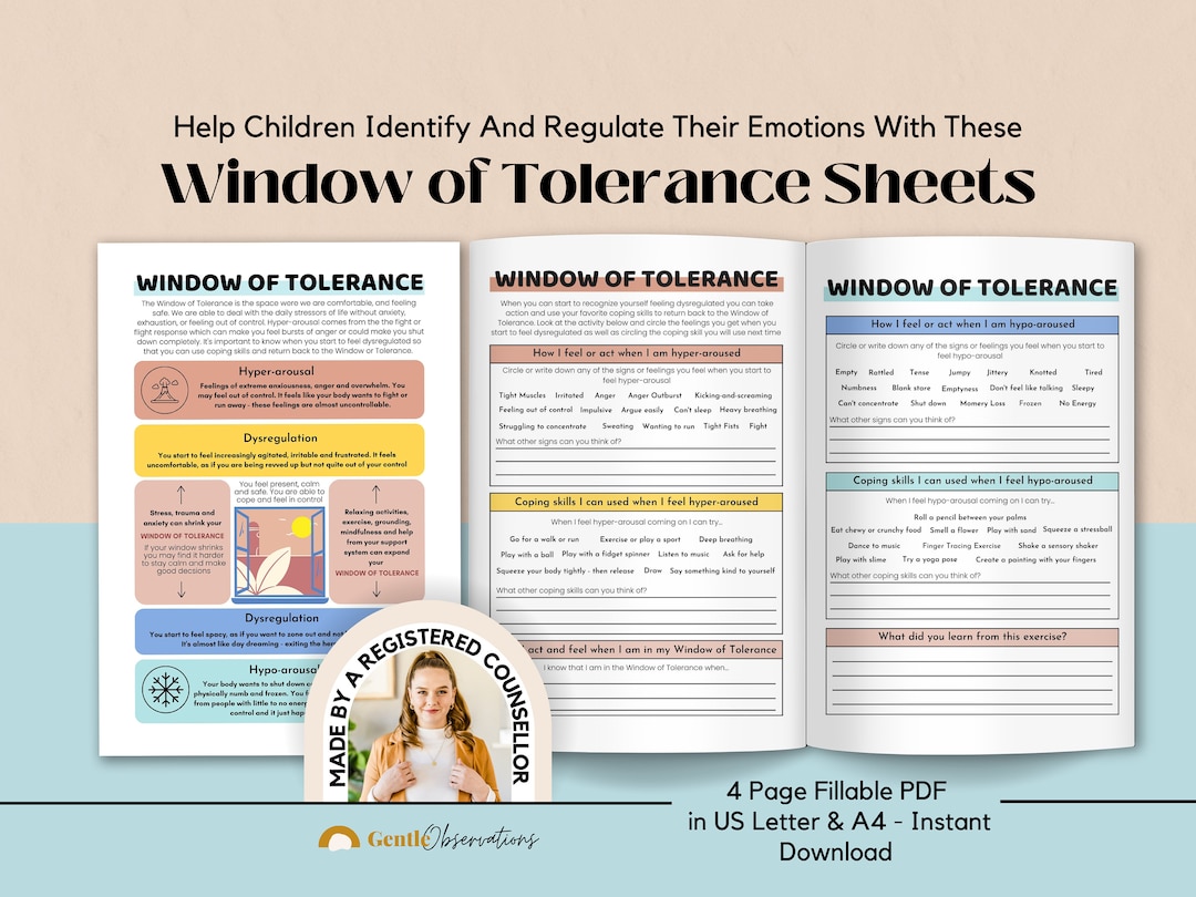 Window of Tolerance Worksheets and Emotional Regulation Coping Skill ...