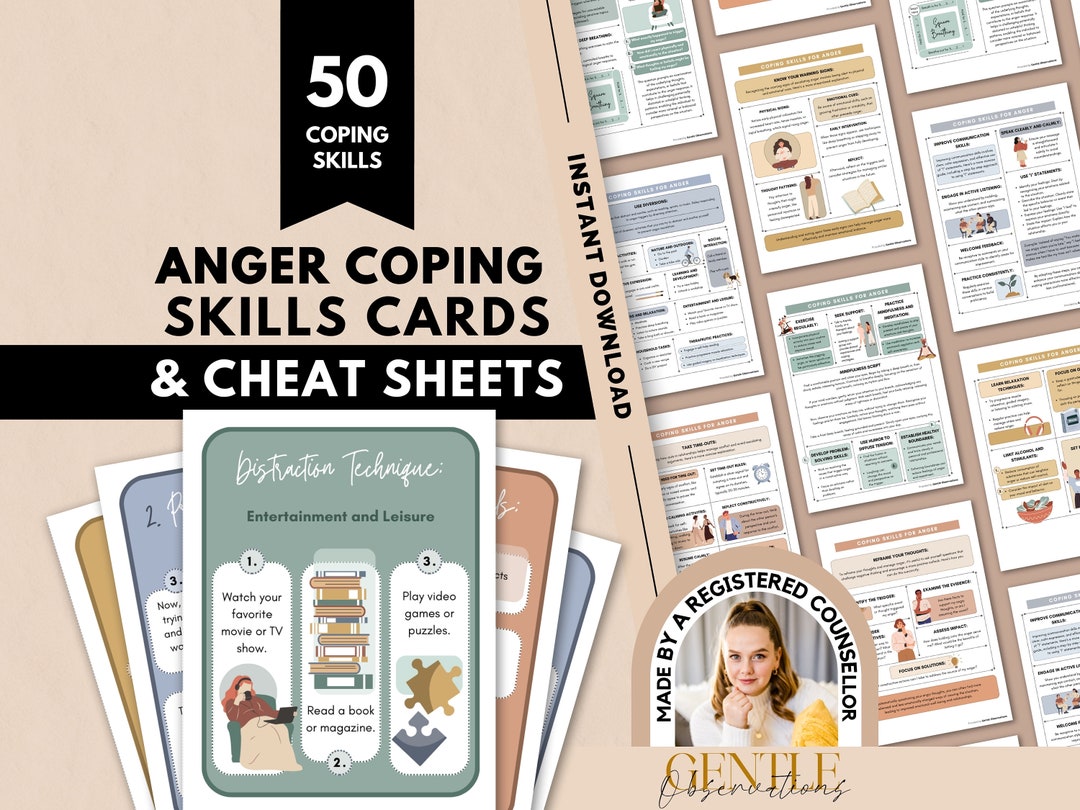 Anger Coping Skill Cards and Cheat Sheets, Anger Management for Teens ...