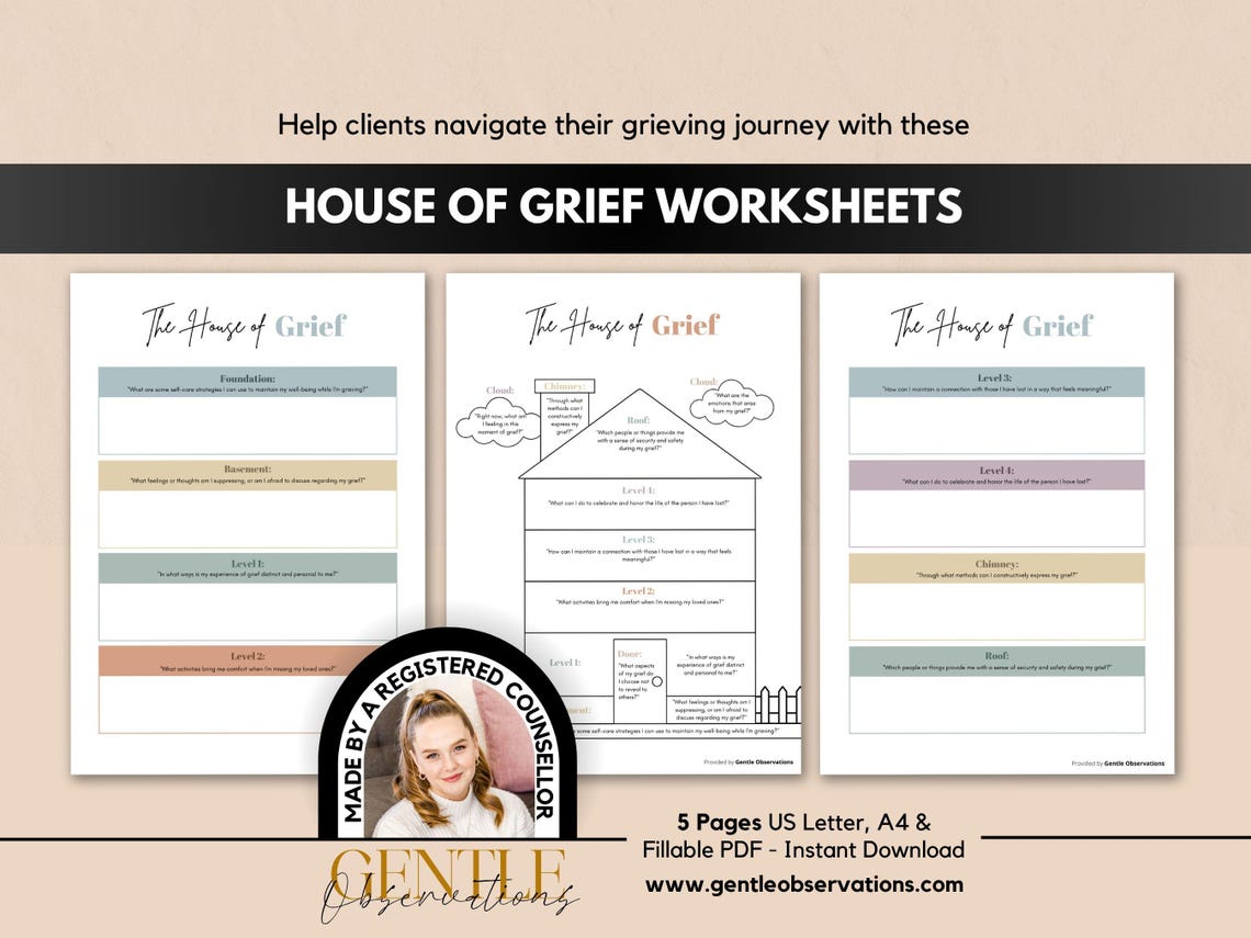 House of Grief Therapy Worksheets for Teens & Adults, Grief and Loss ...