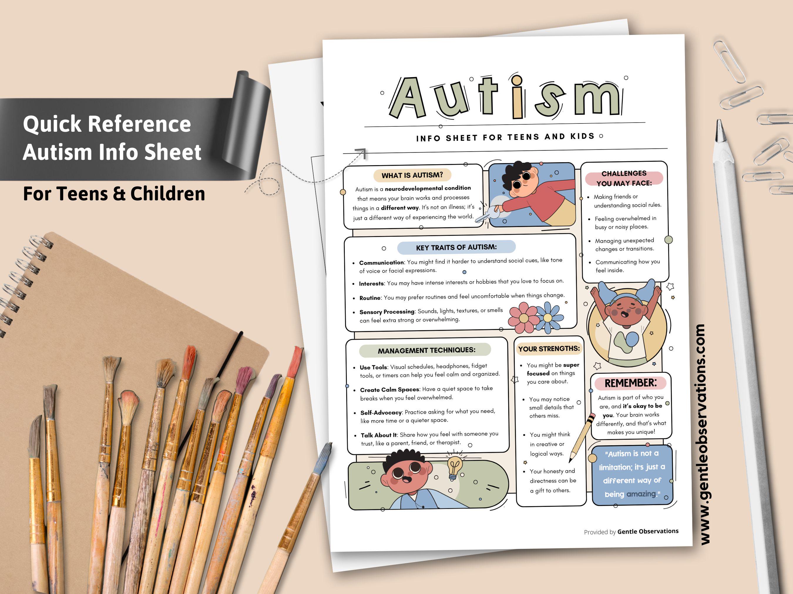 Autism Info Sheets for Kids & Teens, Psychoeducation Autism Worksheets ...