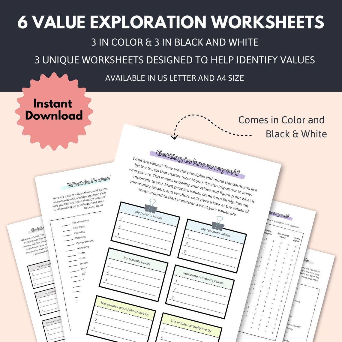 Self-esteem Building Worksheets by Exploring Your Values - Etsy
