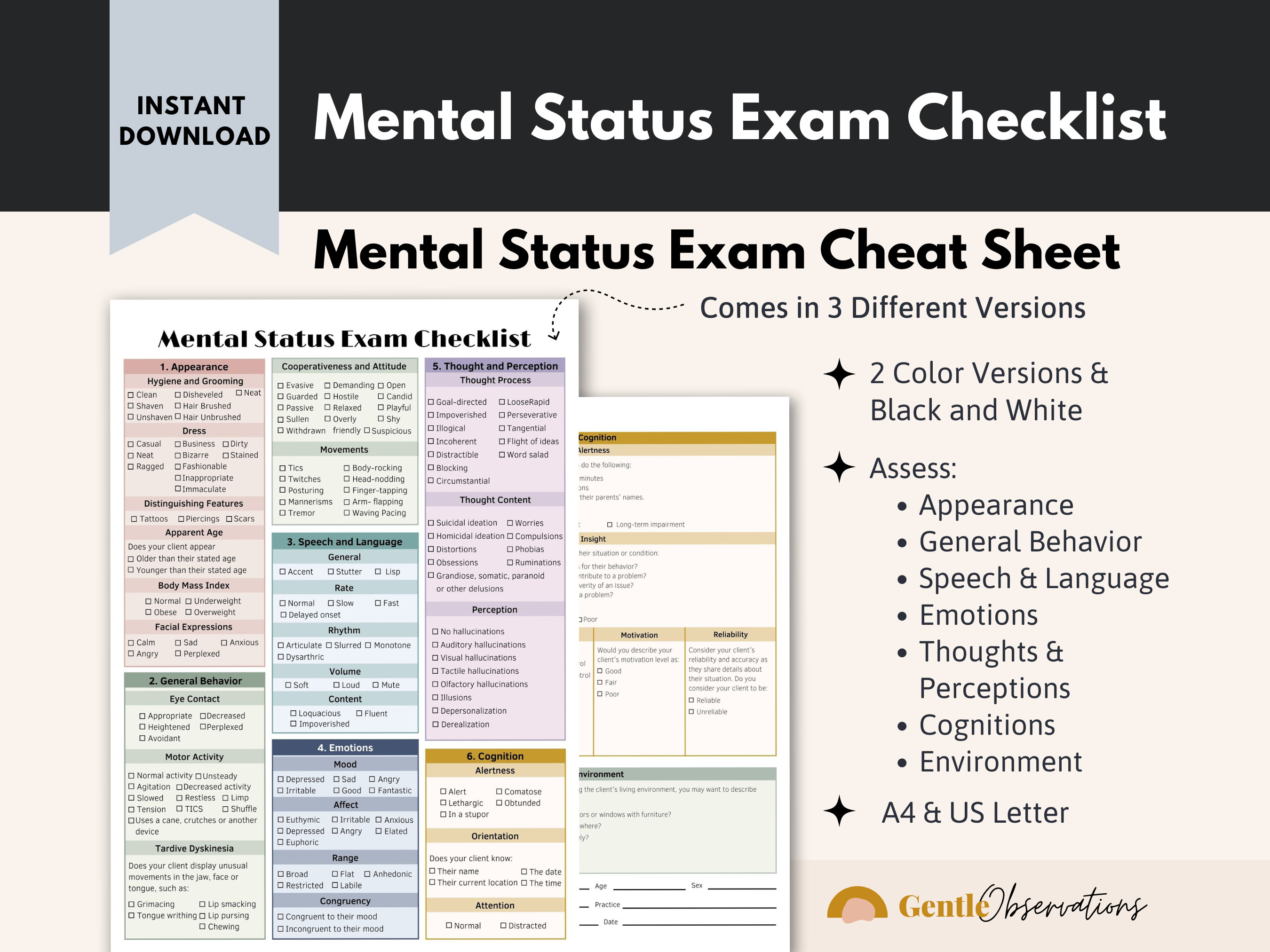 Mental Status Exam MSE Cheat Sheet Therapy Forms Intake - Etsy Australia