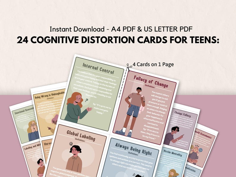 Cognitive Distortion Cards for Teens: CBT Cards, Cognitive Biases ...