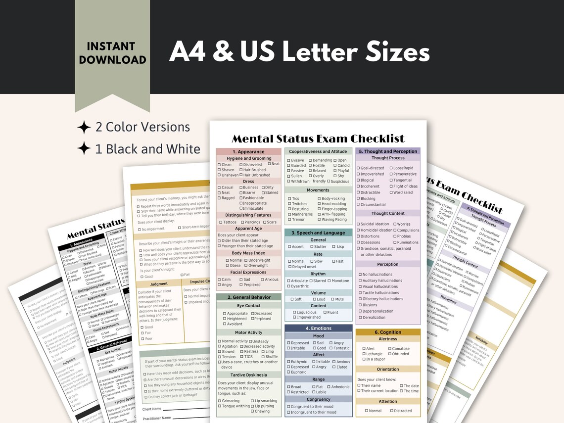 Mental Status Exam MSE Cheat Sheet Therapy Forms Intake - Etsy