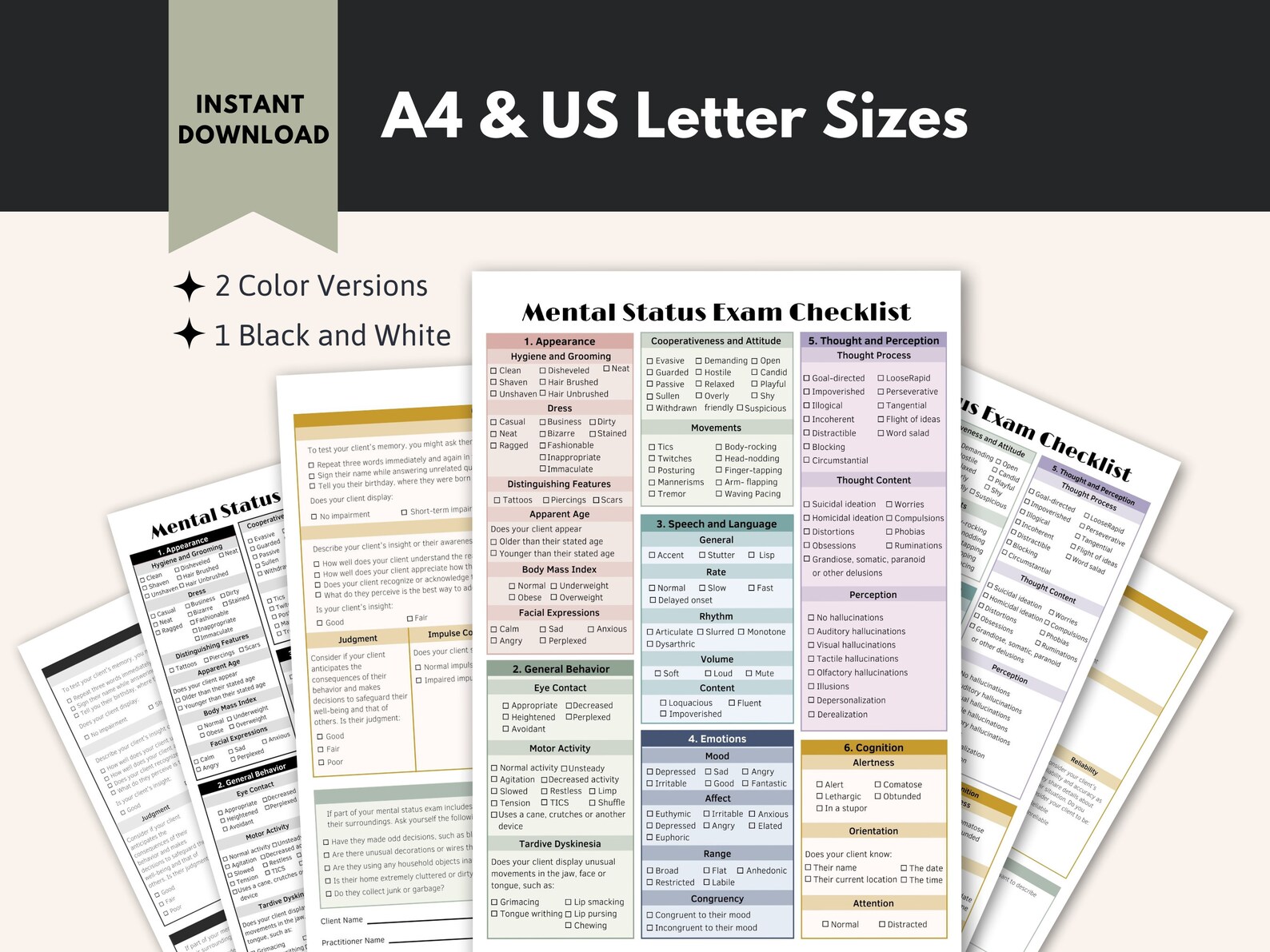 Mental Status Exam MSE Cheat Sheet Therapy Forms Intake - Etsy