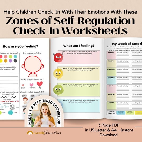 Zones of self regulation feelings worksheet and emotions chart, school ...