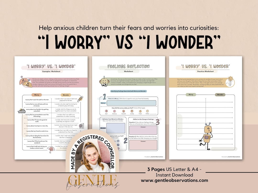 I Wonder Vs I Worry: Anxiety Worksheets for Kids, CBT Worksheets for ...