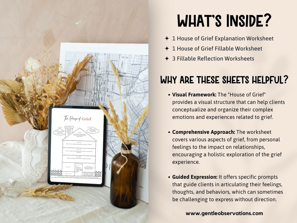 House of Grief Therapy Worksheets for Teens & Adults, Grief and Loss ...