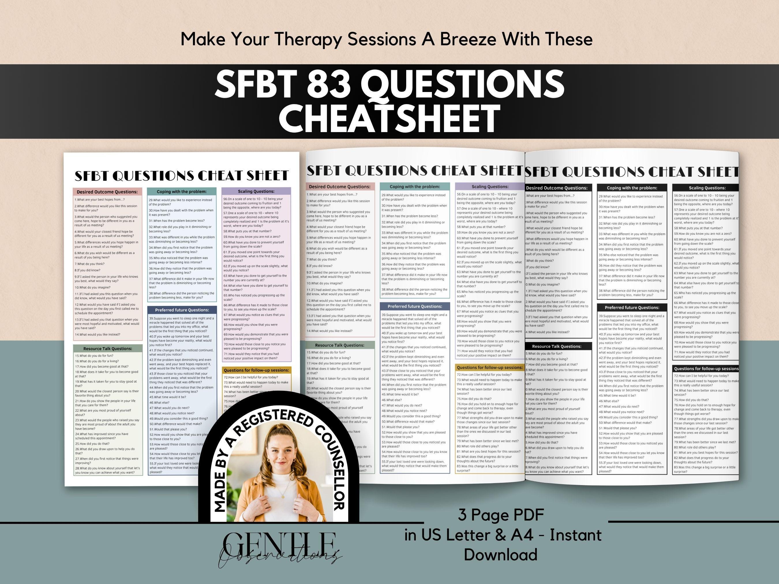 Solution Focused Therapy Questions Cheat Sheet, SFBT Worksheet for ...