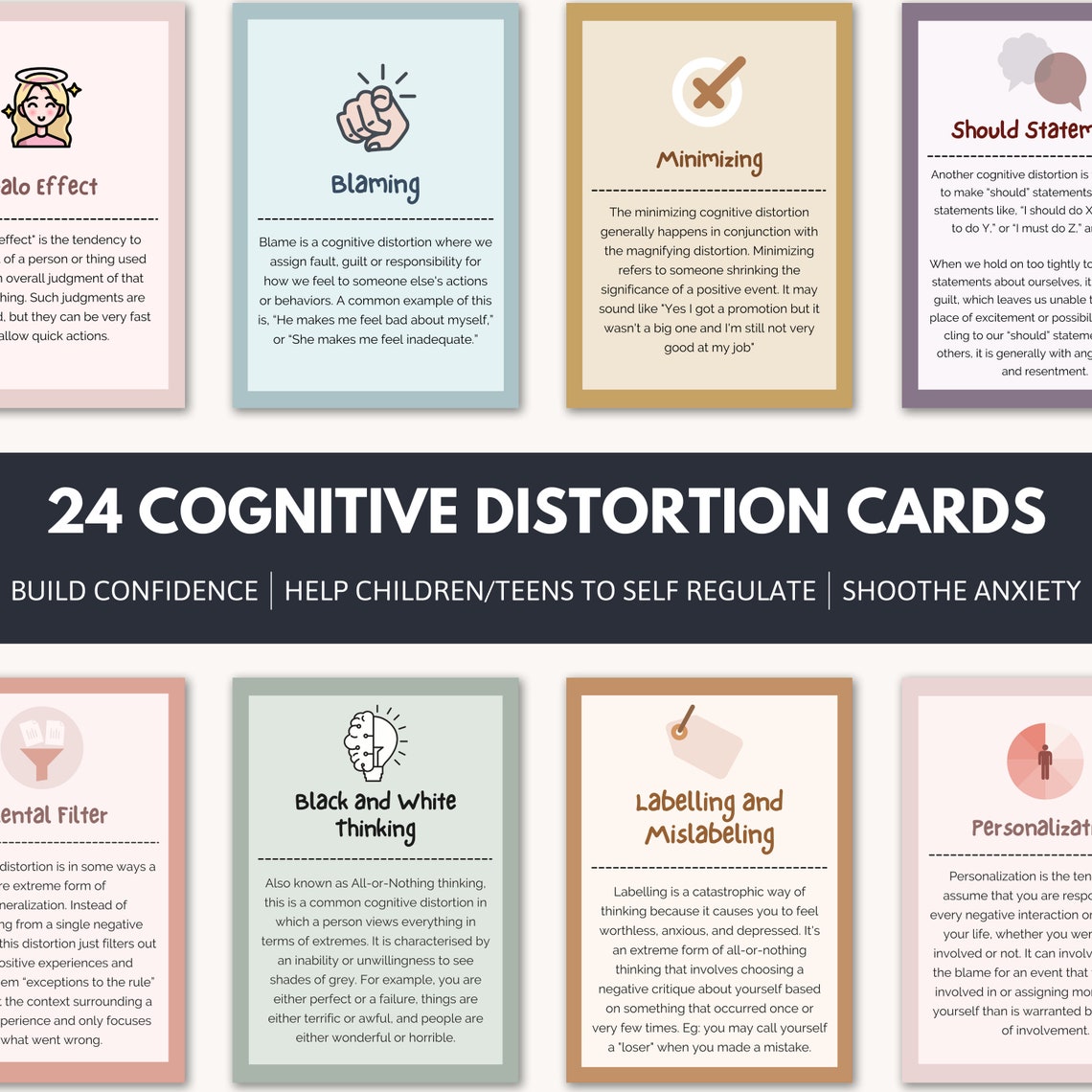 Cognitive Distortion Flashcards CBT Therapy Tool Coping - Etsy
