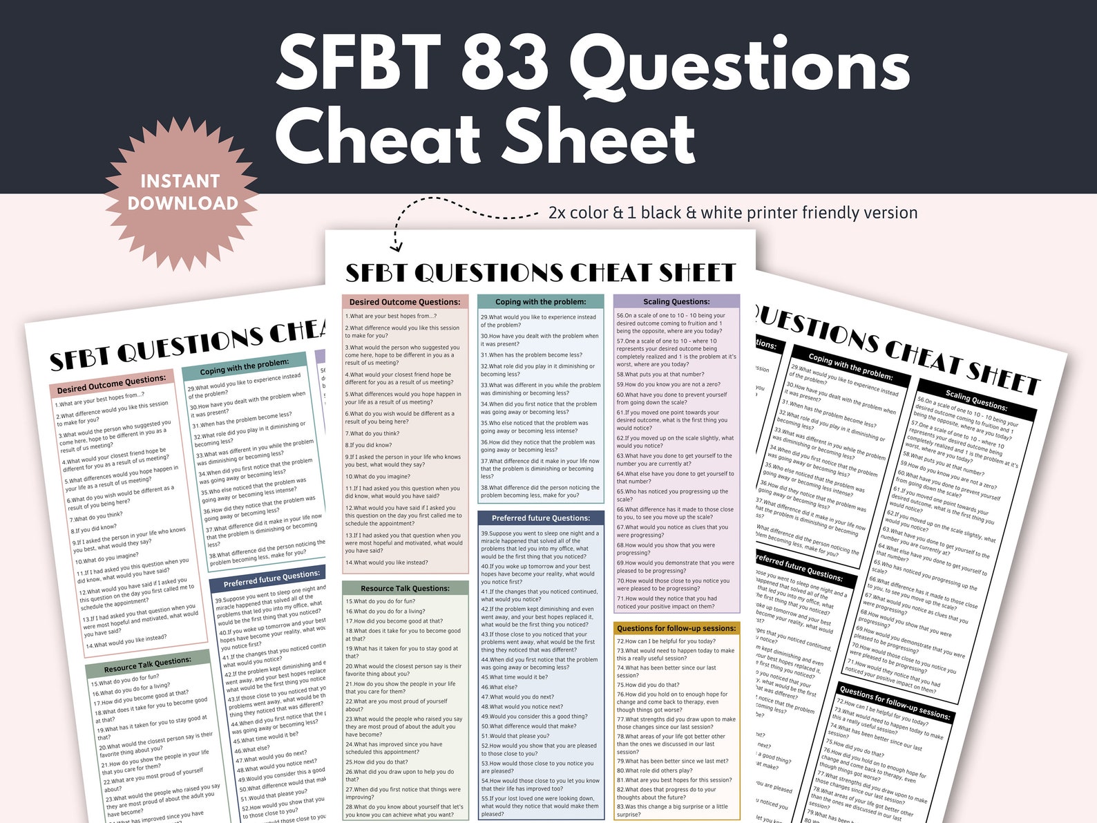 Solution Focused Therapy Questions Cheat Sheet SFBT Worksheet - Etsy