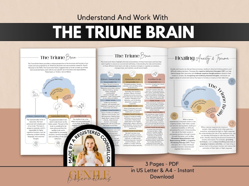 The Triune Brain Model for Healing Anxiety & Trauma Therapy Worksheets ...