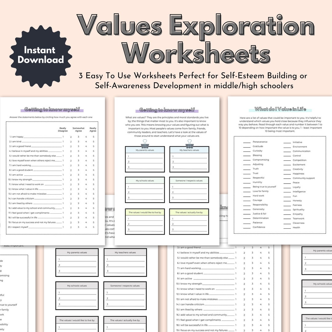 Self-esteem Building Worksheets by Exploring Your Values, School ...