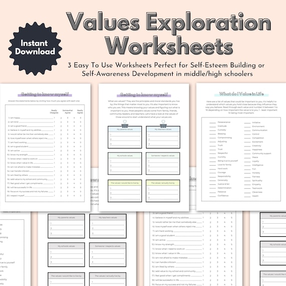 Self-esteem Building Worksheets by Exploring Your Values - Etsy