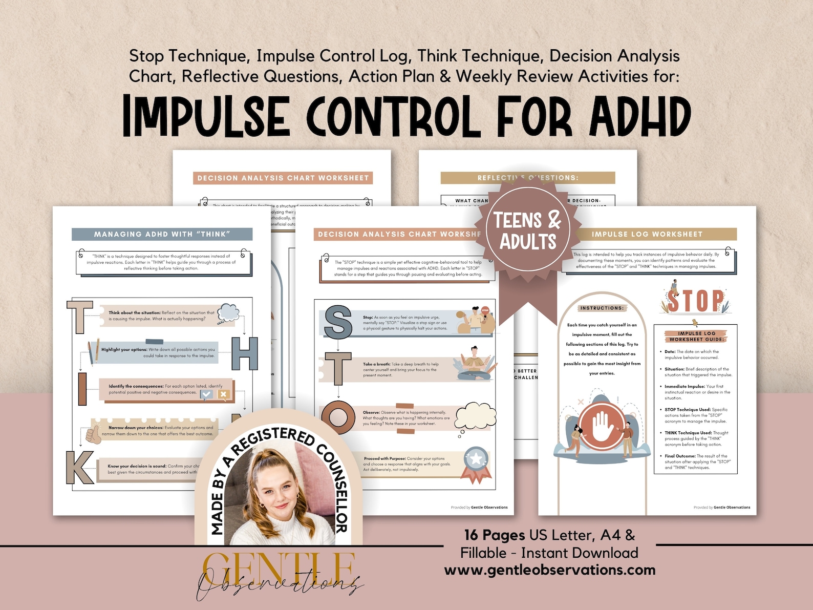 Impulse Control Worksheets for ADHD Teens & Adults: Executive ...