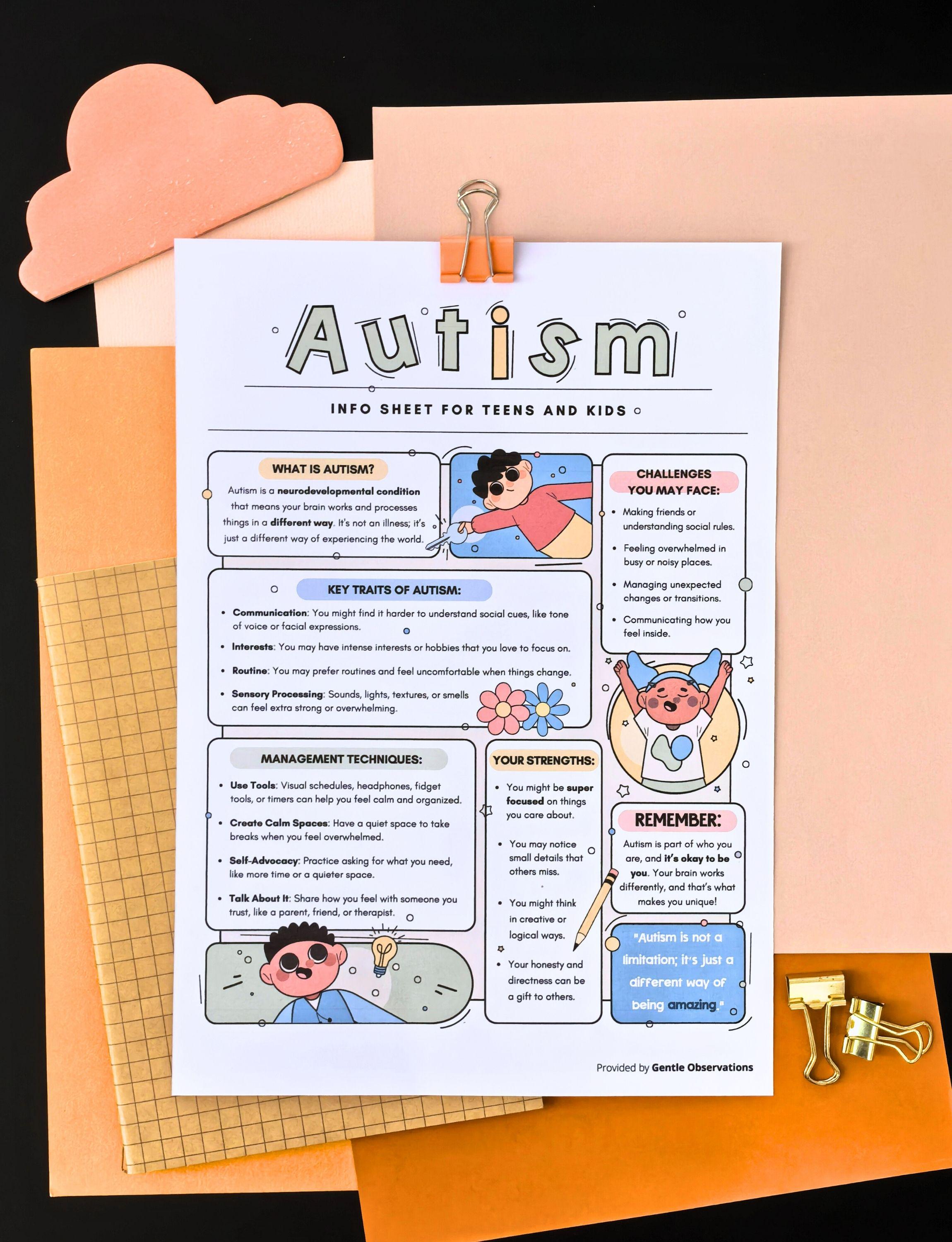Autism Info Sheets for Kids & Teens, Psychoeducation Autism Worksheets ...