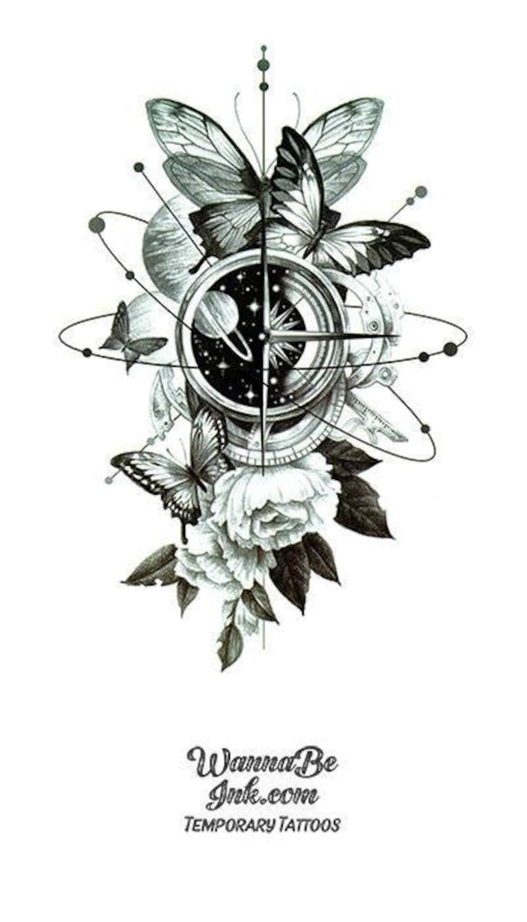 Sun and Moon Compass With Butterflies and Roses Best Temporary Tattoos ...