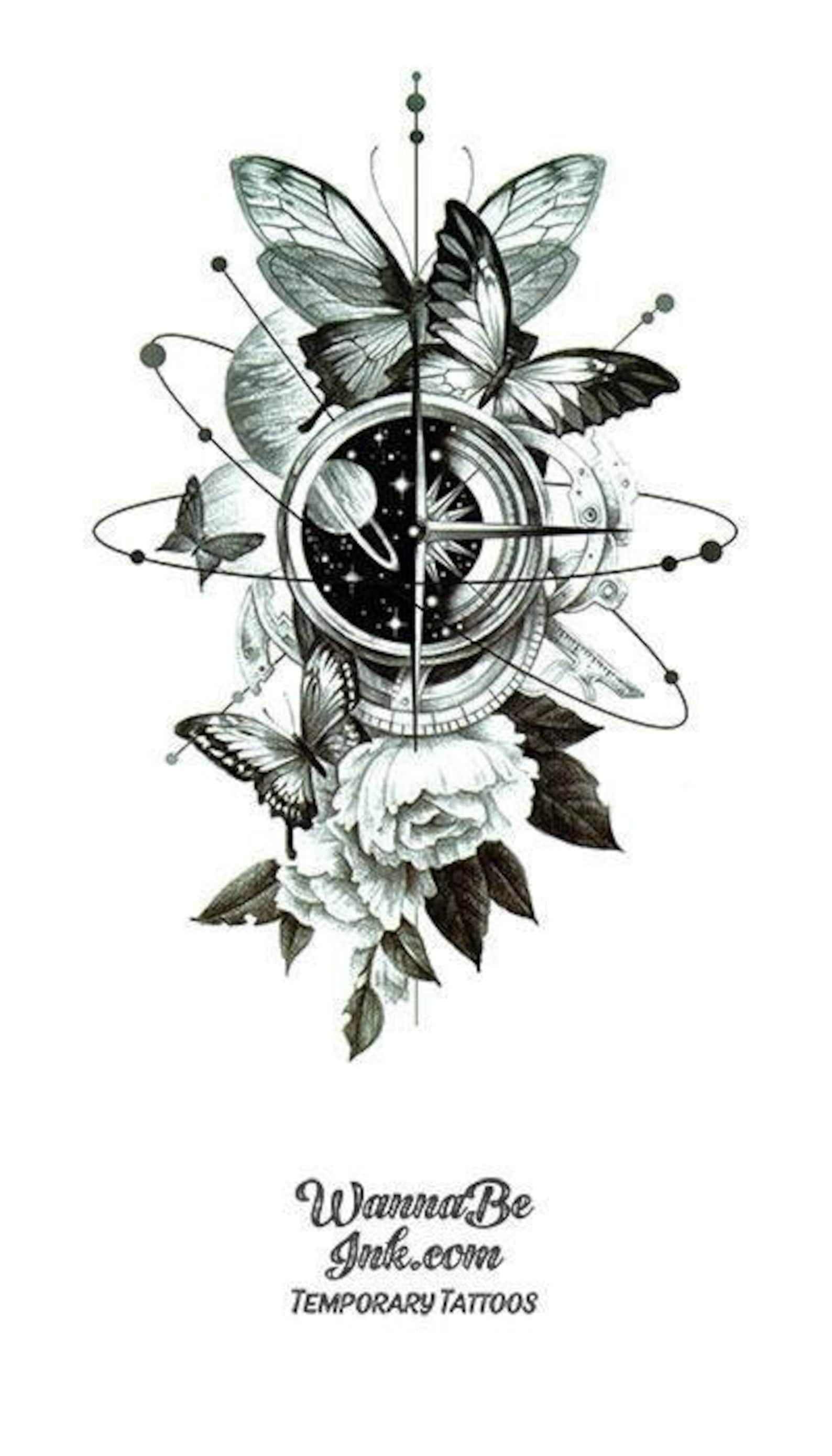 Sun and Moon Compass With Butterflies and Roses Best Temporary Tattoos ...