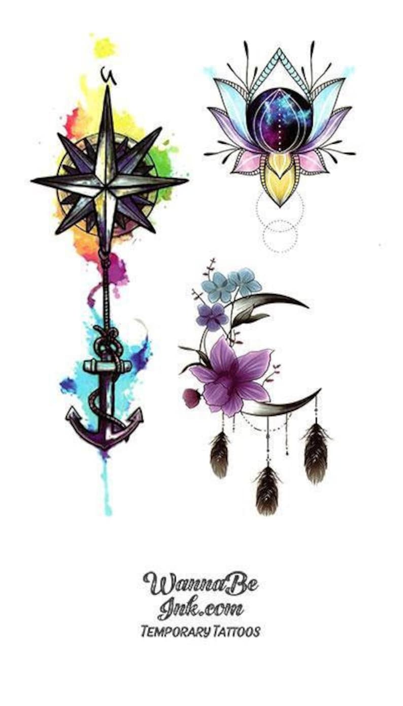 Compass Anchor Crescent Moon and Flower Best Temporary Tattoos - Etsy