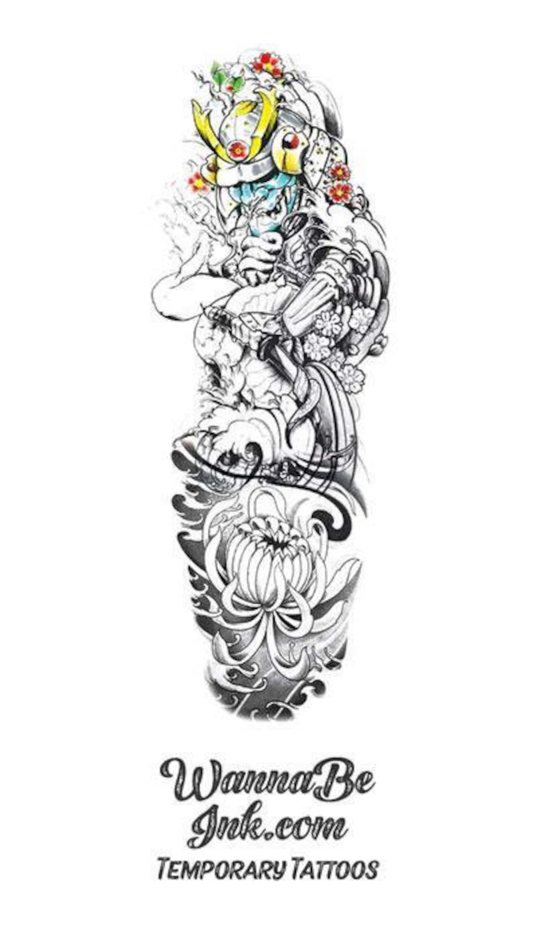 Samurai Cherry Blossoms Lotus Flower Temporary Sleeve Tattoos - Etsy
