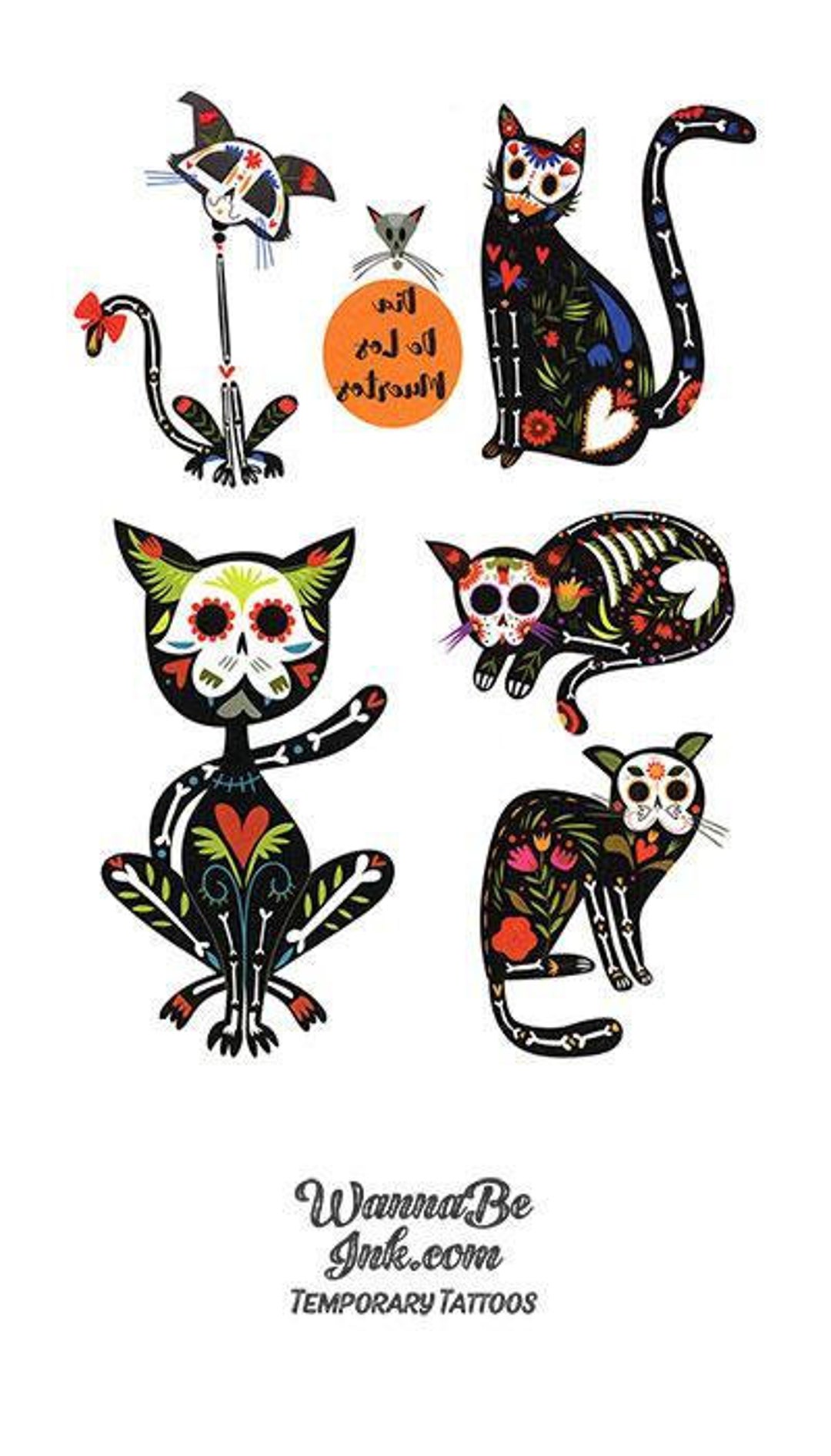 Sugar Skull Cats Halloween Tattoos - Etsy