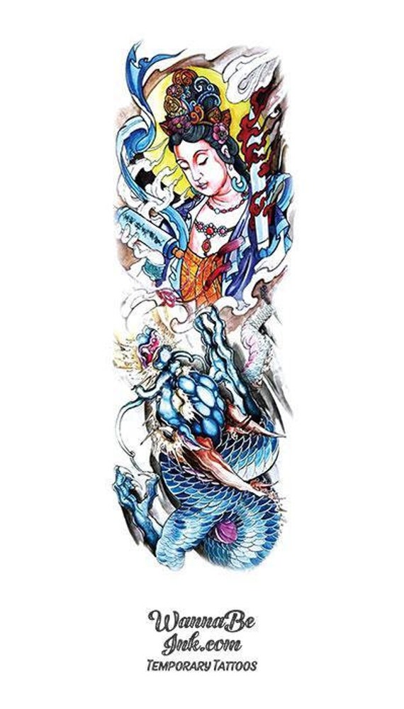 Asian Goddess Scroll Blue Dragon Temporary Sleeve Tattoos - Etsy