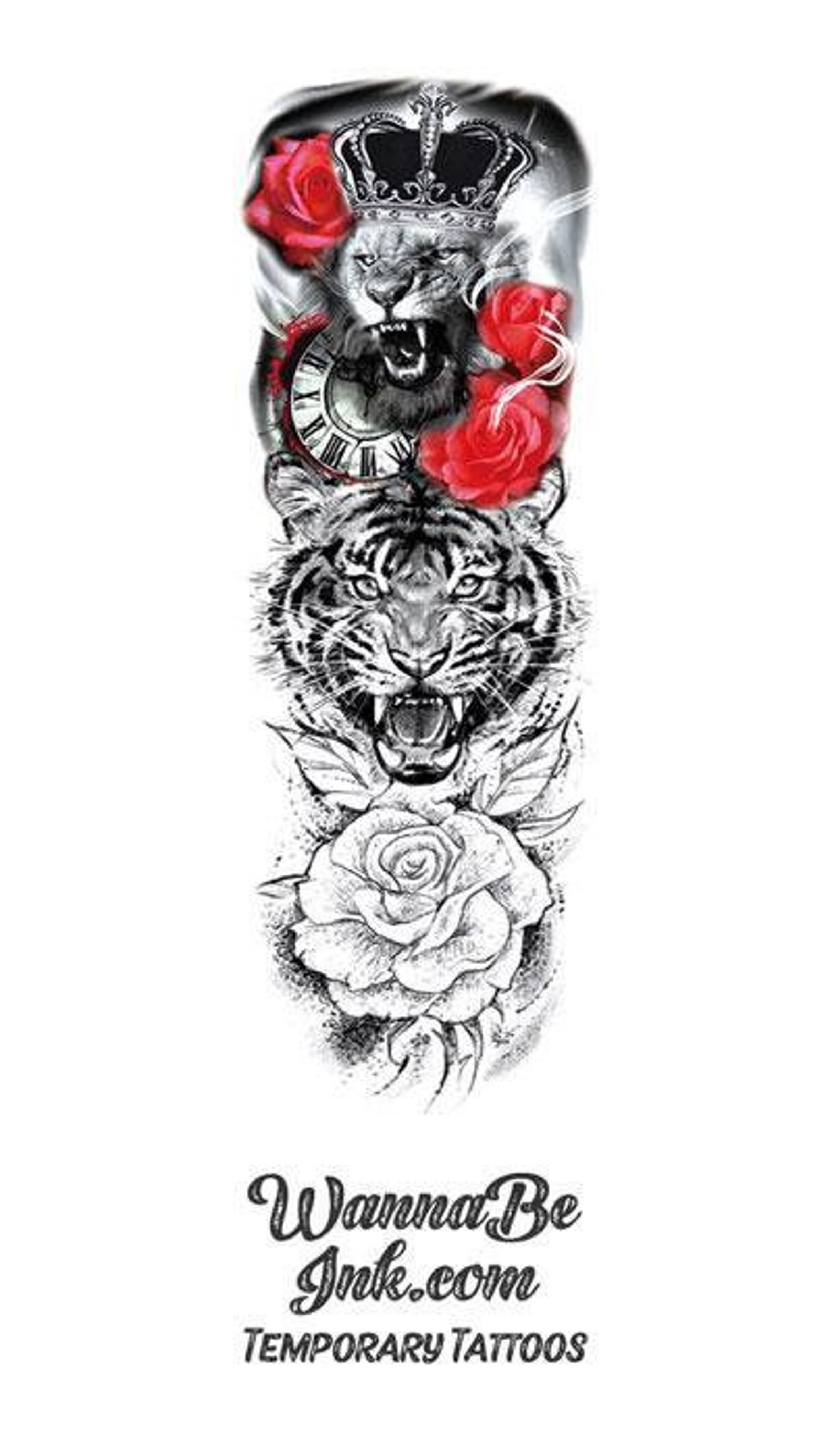 Lion With Crown Roses Tiger Clock Temporary Sleeve Tattoos - Etsy