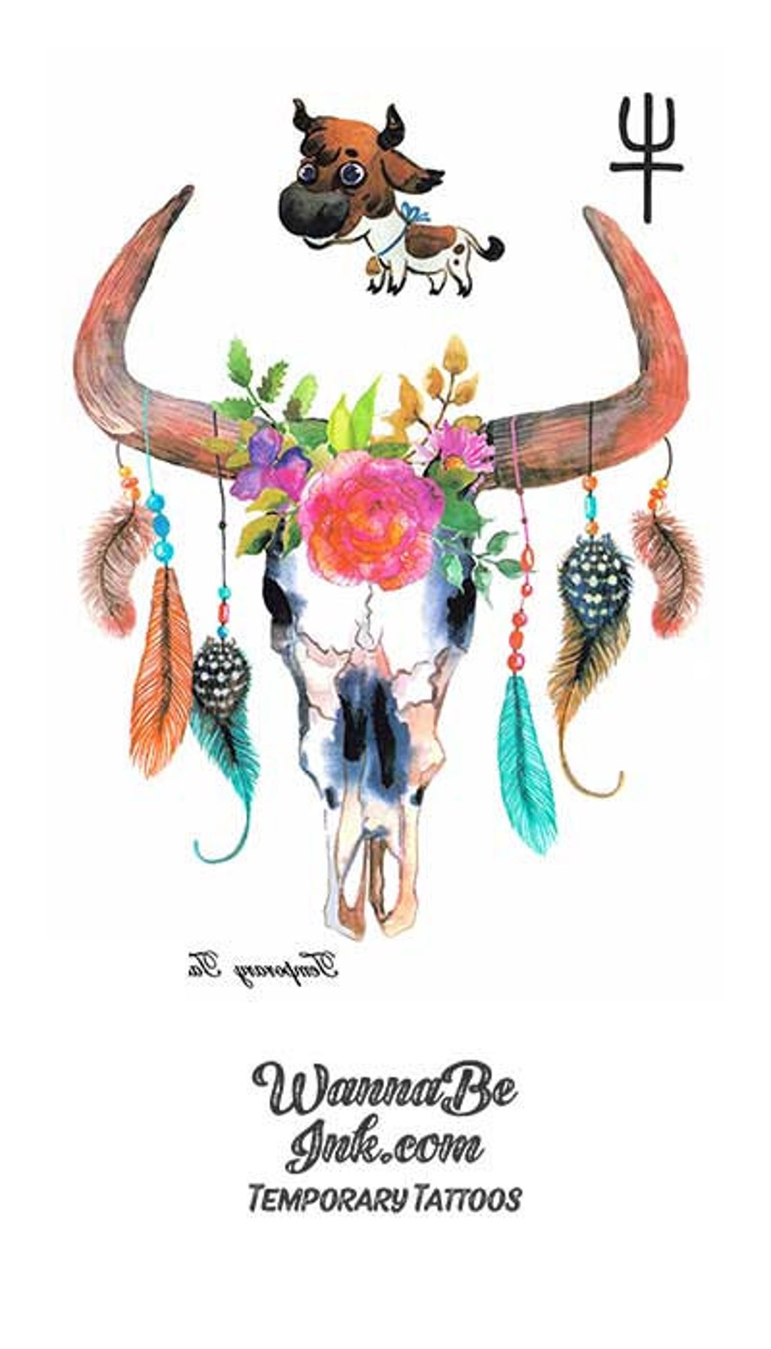 Long Horn Bull Skull Wearing Feathers Best Temporary Tattoos - Etsy