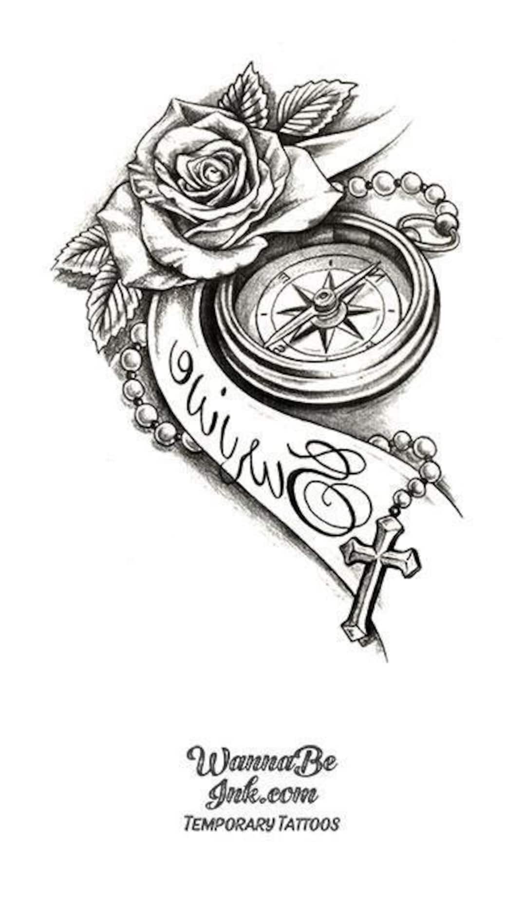 Compass Cross and Rose Best Temporary Tattoos - Etsy