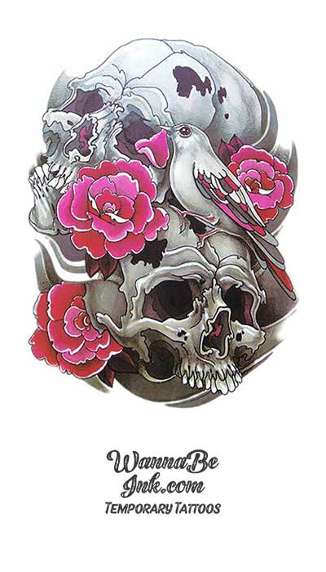 Dove on Gray Skulls and Pink Roses Best Temporary Tattoos - Etsy