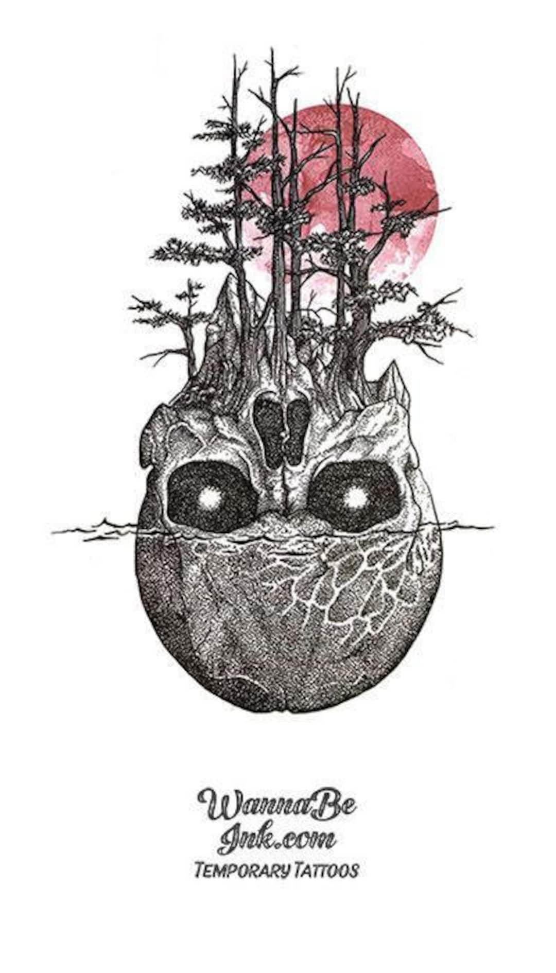 Upside Down Skull Growing Trees and Red Moon Best Temporary Tattoos - Etsy