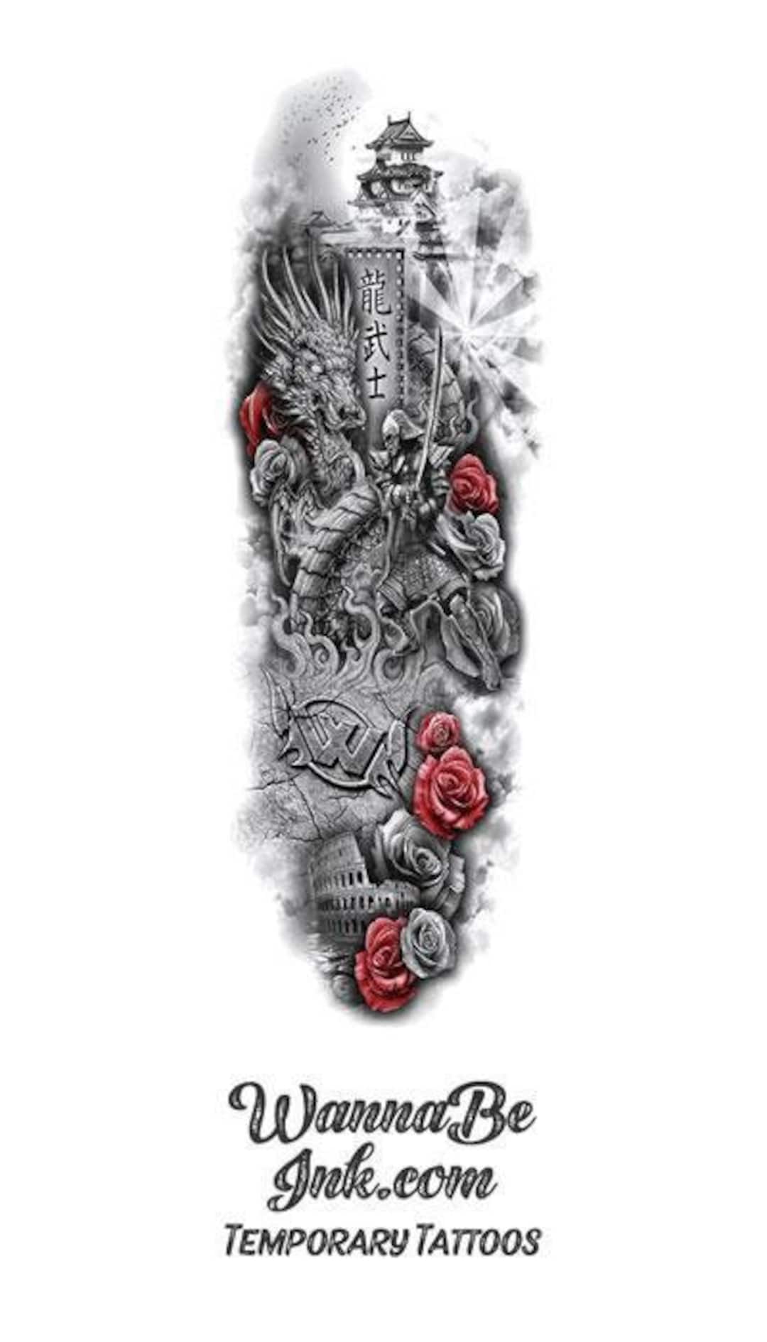 Samurai Roses Coliseum Dragon Pagoda Sunburst Temporary Sleeve Tattoos ...