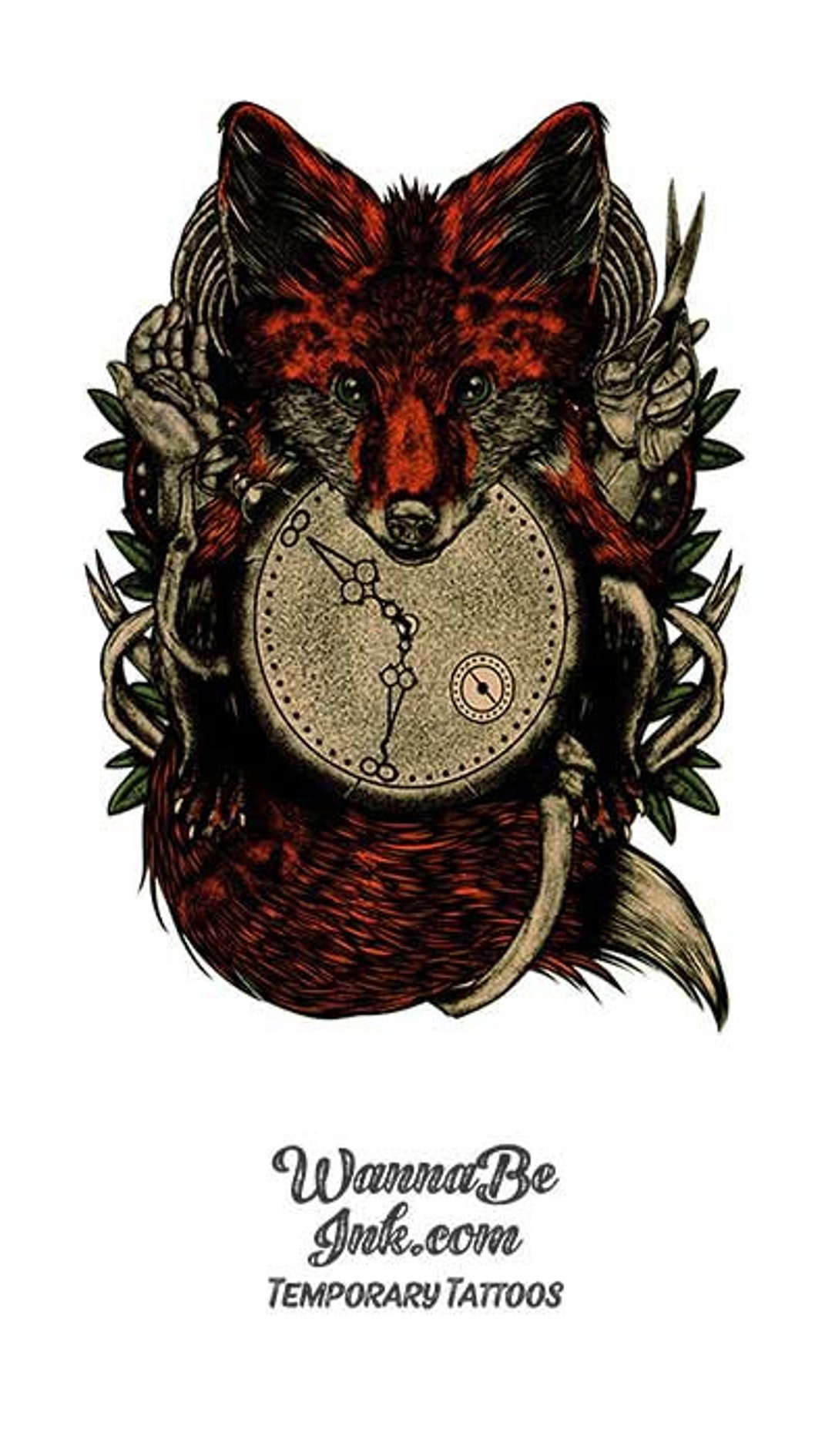 Red Fox Biting Clock Best Temporary Tattoos - Etsy